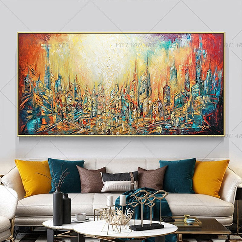 🔥 🔥 100% Hand Painted Red Dream Yellow City Painting Modern Art Pictur ...