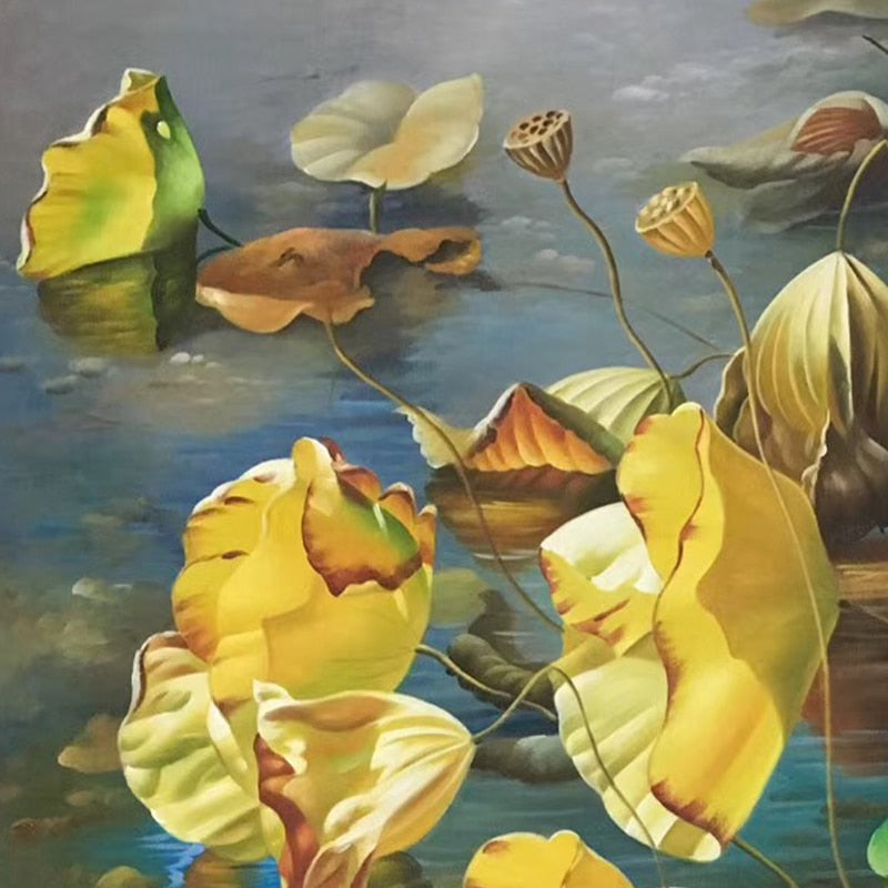 100% Hand Painted Abstract Lotus Pond Oil Painting On Canvas Wall Art ...